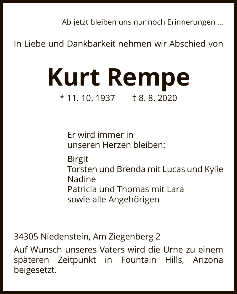Traueranzeigen von Kurt Rempe | Trauer.HNA.de