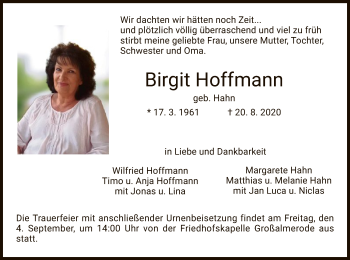 Traueranzeigen von Birgit Hoffmann | Trauer.HNA.de
