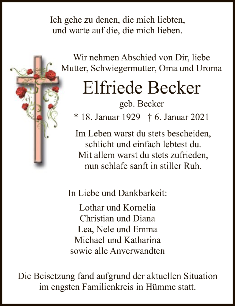 Traueranzeigen von Elfriede Becker | Trauer.HNA.de