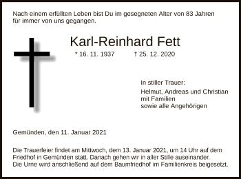 Traueranzeigen von Karl-Reinhard Fett | Trauer.HNA.de