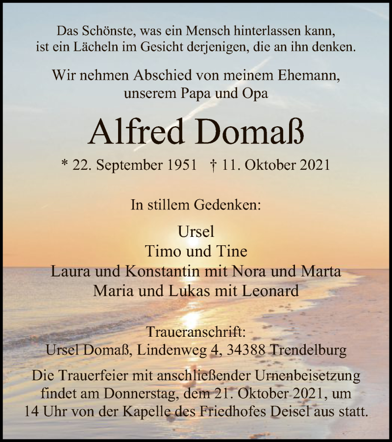 Traueranzeigen von Alfred Domaß | Trauer.HNA.de