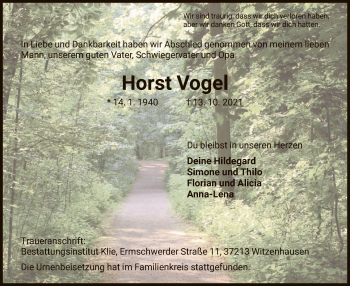 Traueranzeigen von Horst Vogel | Trauer.HNA.de