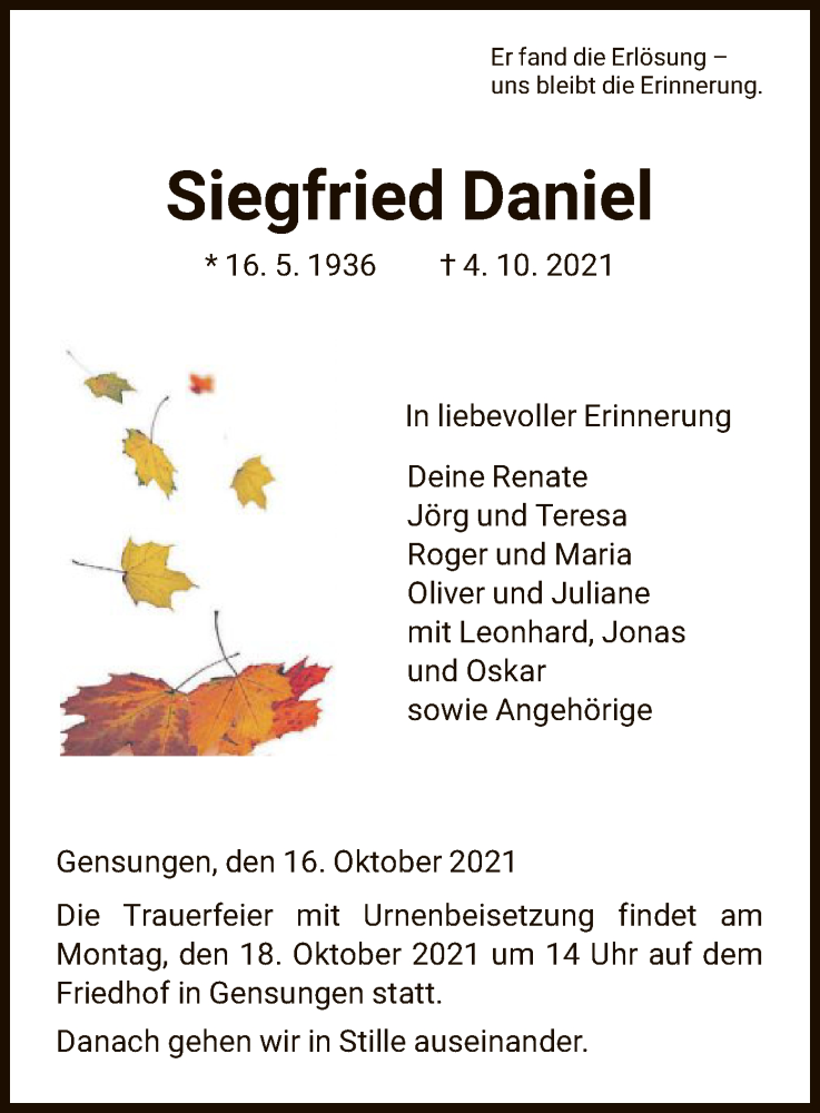 Traueranzeigen von Siegfried Daniel | Trauer.HNA.de