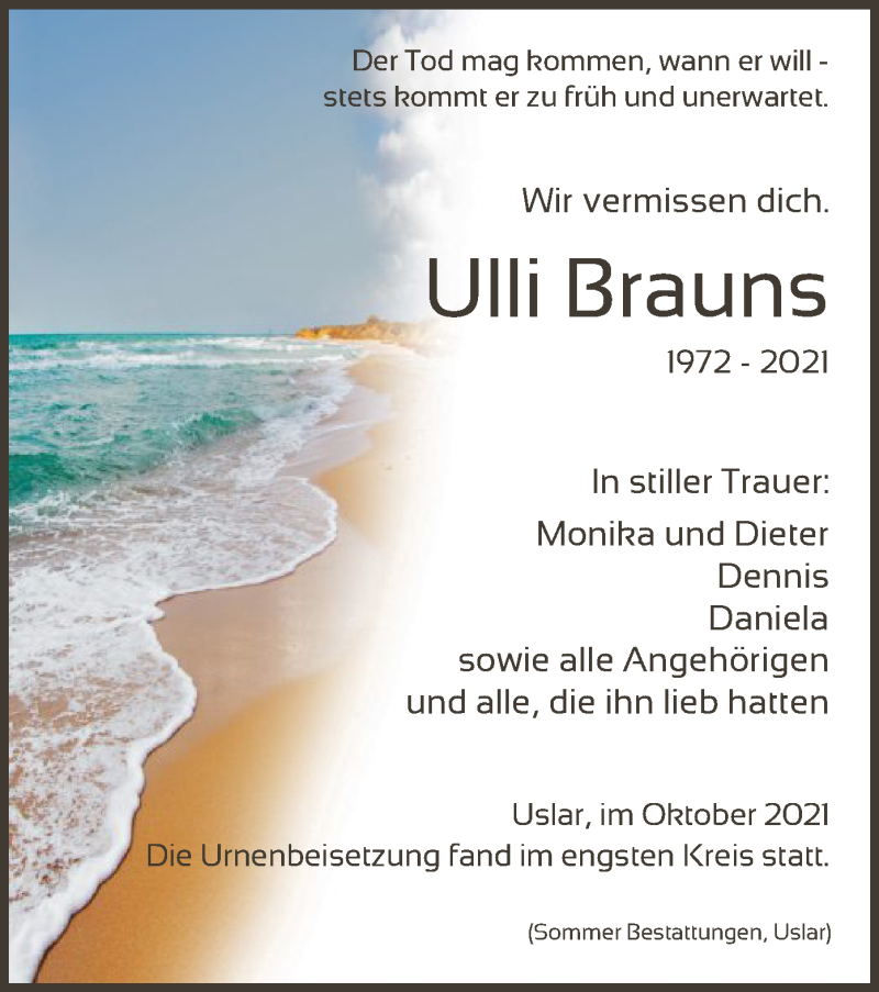 Traueranzeigen von Ulli Brauns | Trauer.HNA.de