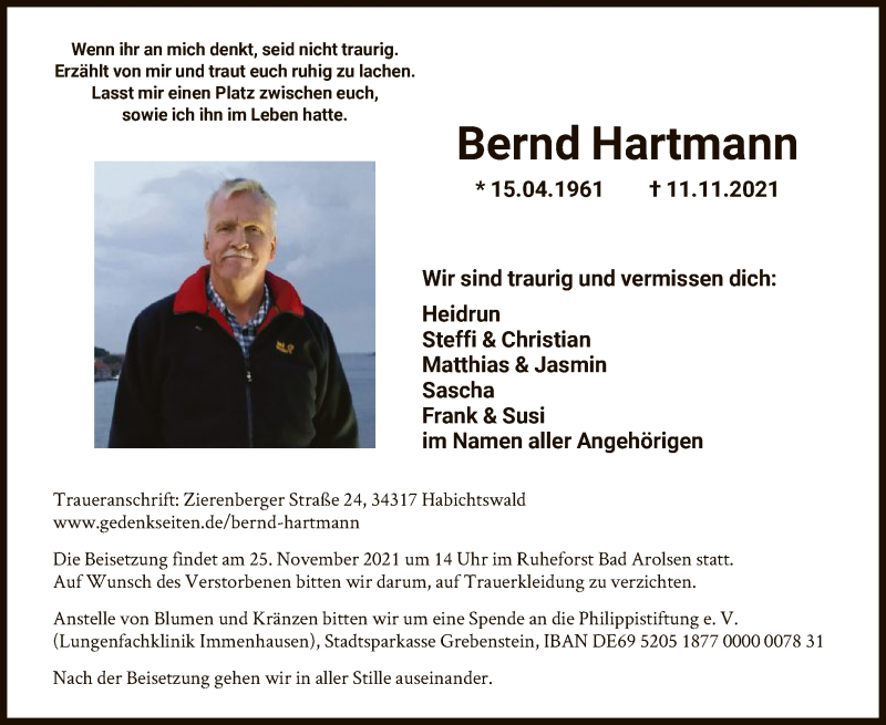 Traueranzeigen von Bernd Hartmann | Trauer.HNA.de