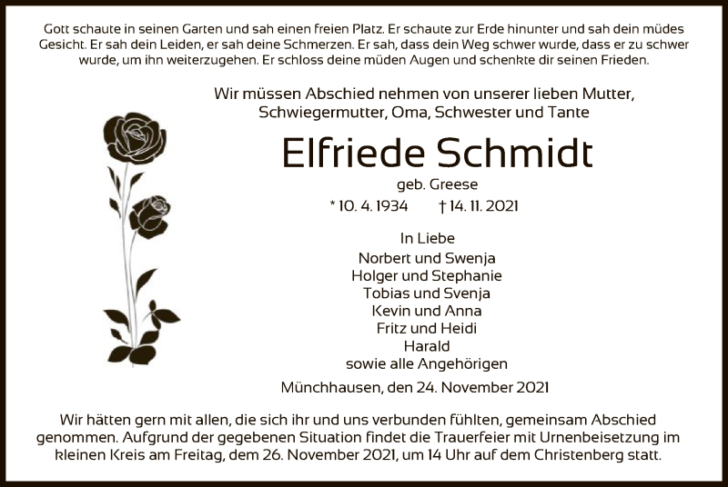 Traueranzeigen von Elfriede Schmidt | Trauer.HNA.de