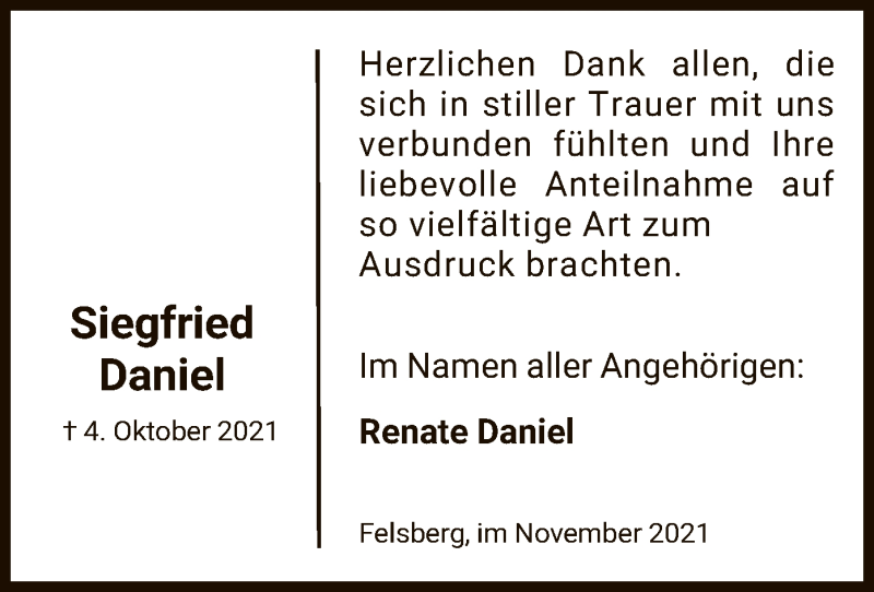 Traueranzeigen von Siegfried Daniel | Trauer.HNA.de