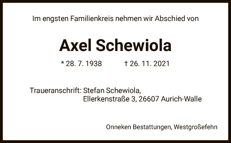 Traueranzeigen von Axel Schewiola | Trauer.HNA.de