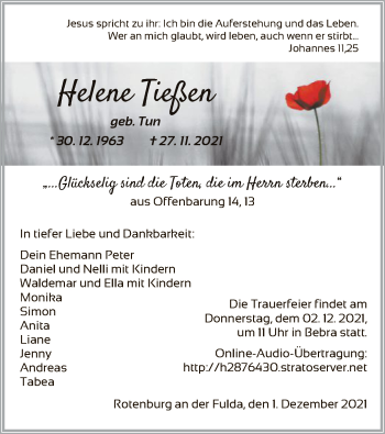 Traueranzeigen von Helene Tießen | Trauer.HNA.de
