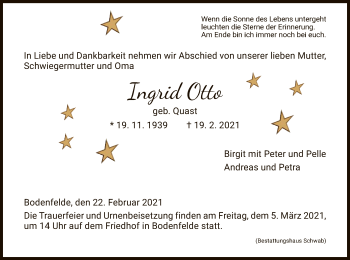 Traueranzeigen von Ingrid Otto | Trauer.HNA.de