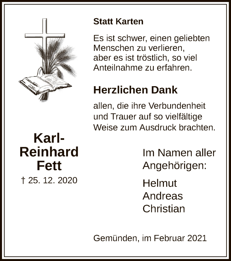 Traueranzeigen von Karl-Reinhard Fett | Trauer.HNA.de