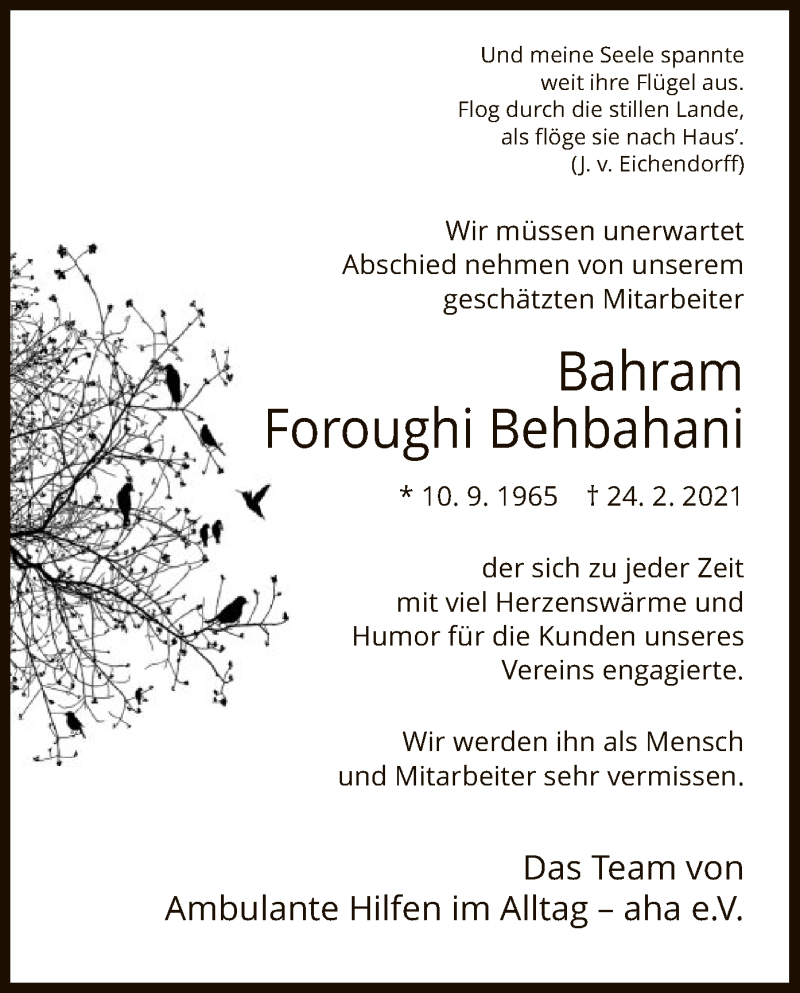 Traueranzeigen von Bahram Foroughi Behbahani | Trauer.HNA.de