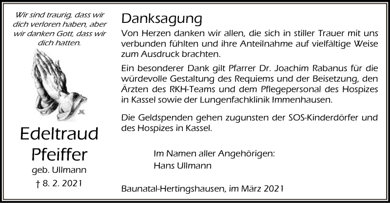 Traueranzeigen von Edeltraud Pfeiffer | Trauer.HNA.de