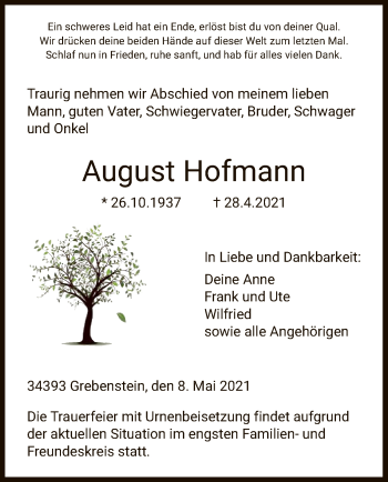 Traueranzeigen von August Hofmann | Trauer.HNA.de
