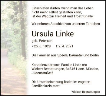Traueranzeigen von Ursula Linke | Trauer.HNA.de