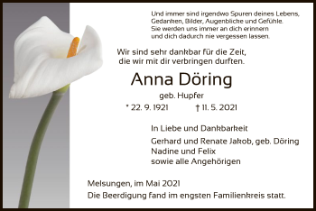 Traueranzeigen von Anna Döring | Trauer.HNA.de