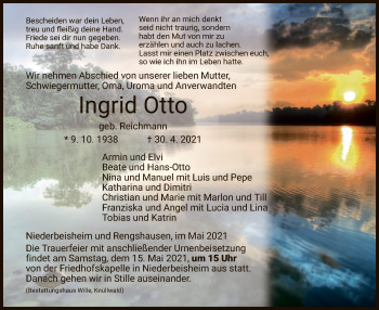 Traueranzeigen von Ingrid Otto | Trauer.HNA.de