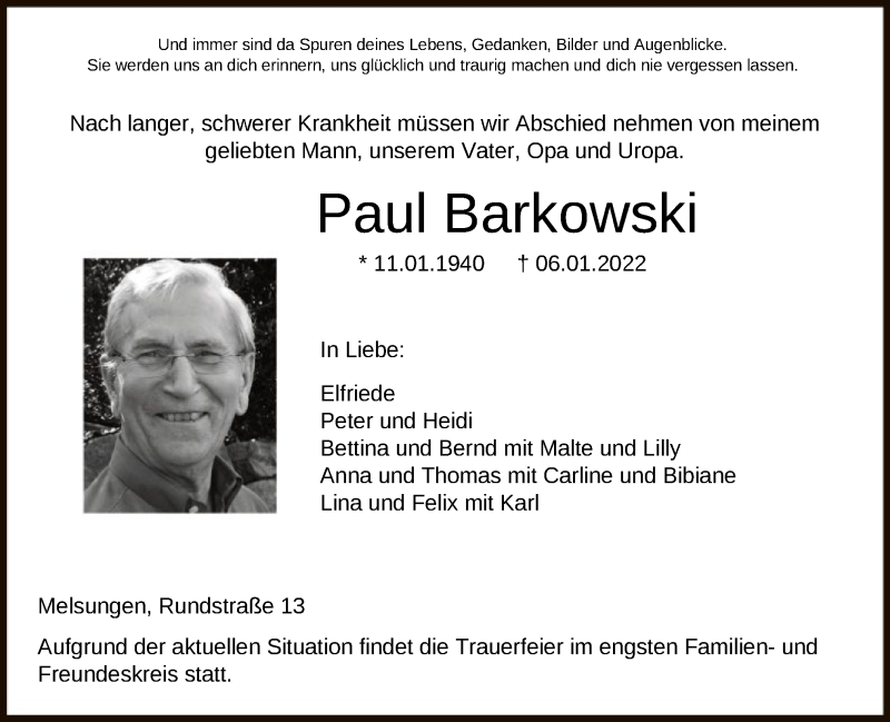 Traueranzeigen von Paul Barkowski | Trauer.HNA.de