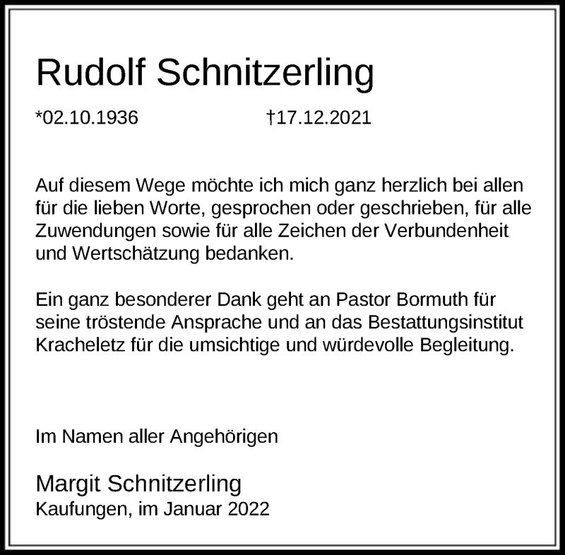 Traueranzeigen von Rudolf Schnitzerling | Trauer.HNA.de