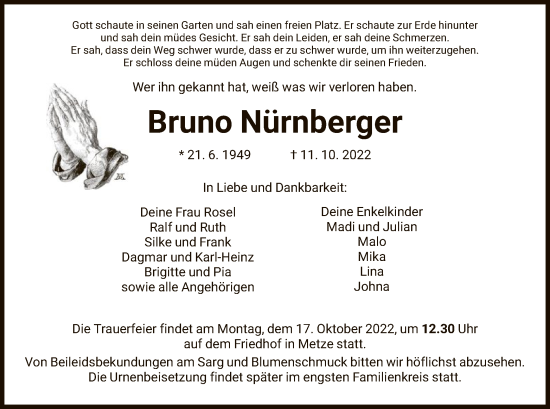 Traueranzeigen von Bruno Nürnberger | Trauer.HNA.de