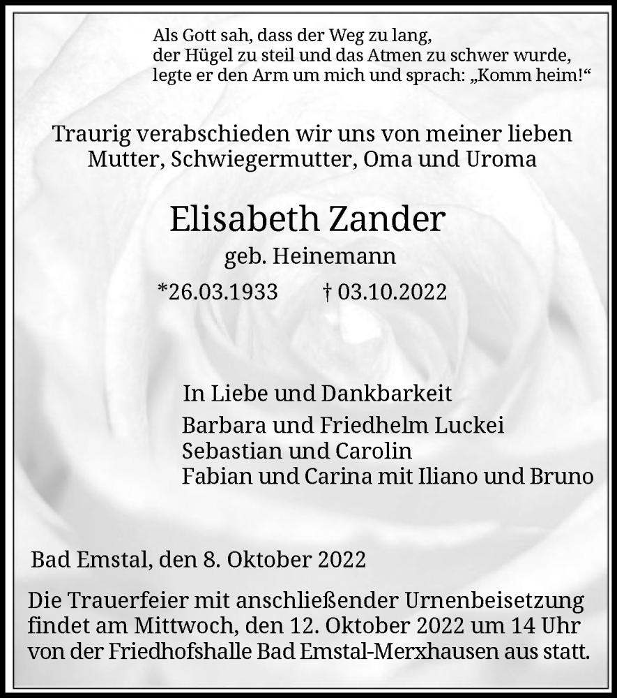 Traueranzeigen von Elisabeth Zander | Trauer.HNA.de