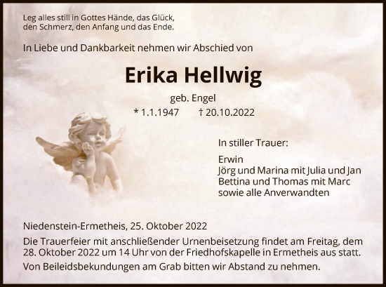 Traueranzeigen von Erika Hellwig | Trauer.HNA.de