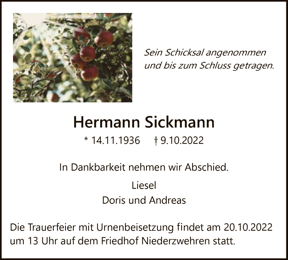 Traueranzeigen von Hermann Sickmann | Trauer.HNA.de