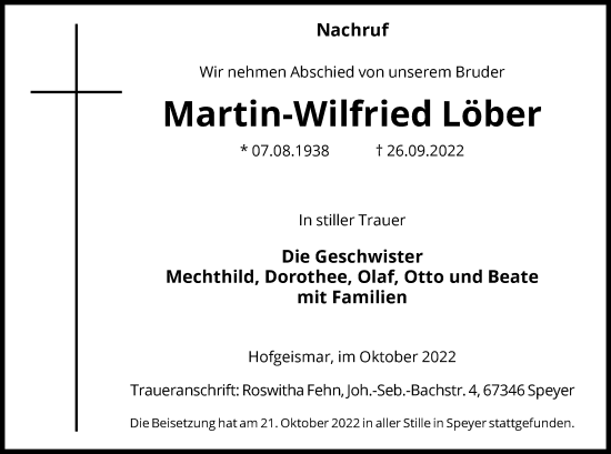 Traueranzeigen von Martin-Wilfried Löber | Trauer.HNA.de