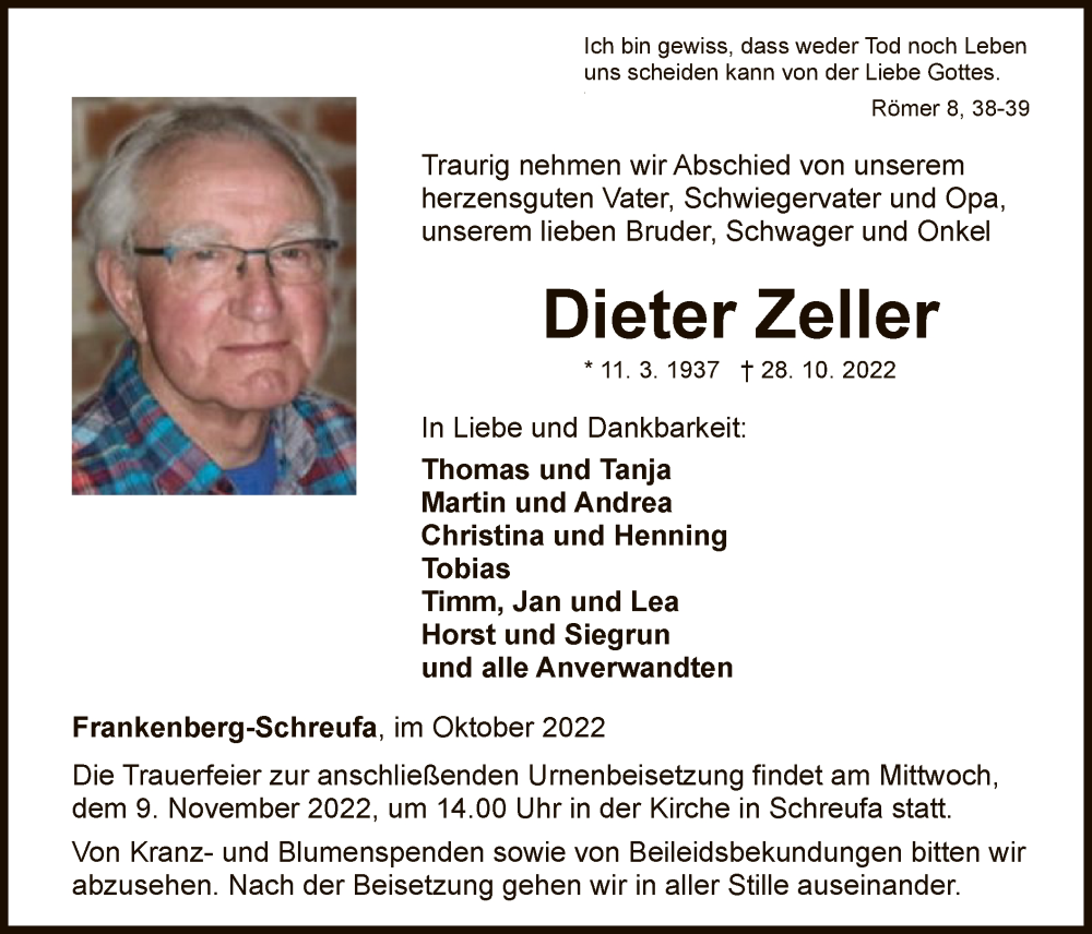 Traueranzeigen von Dieter Zeller | Trauer.HNA.de