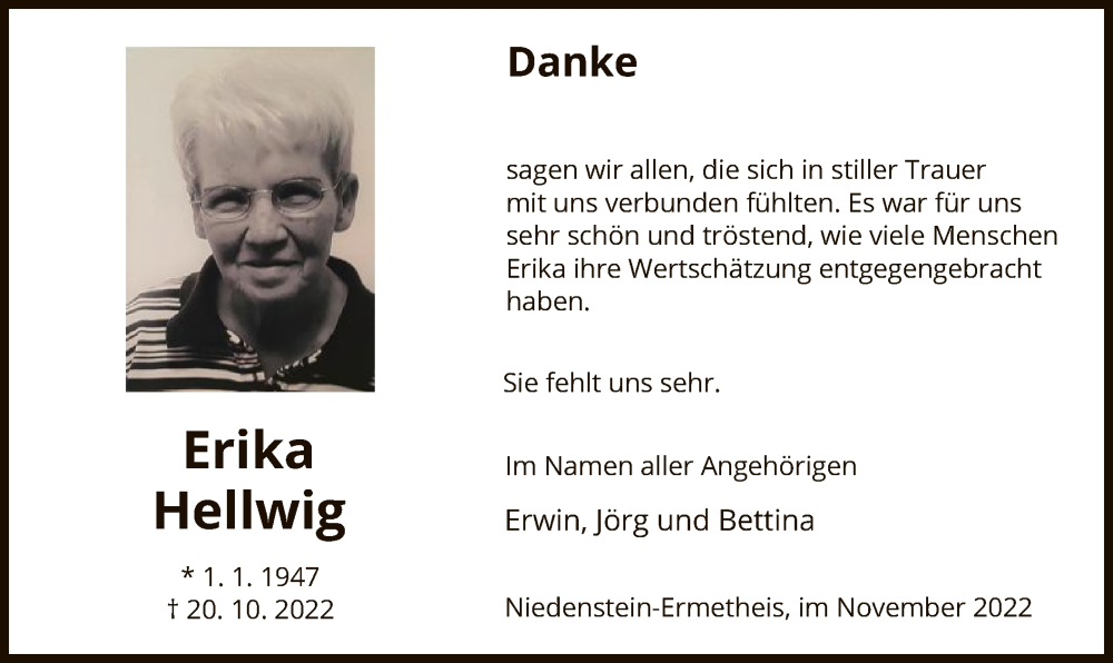 Traueranzeigen von Erika Hellwig | Trauer.HNA.de