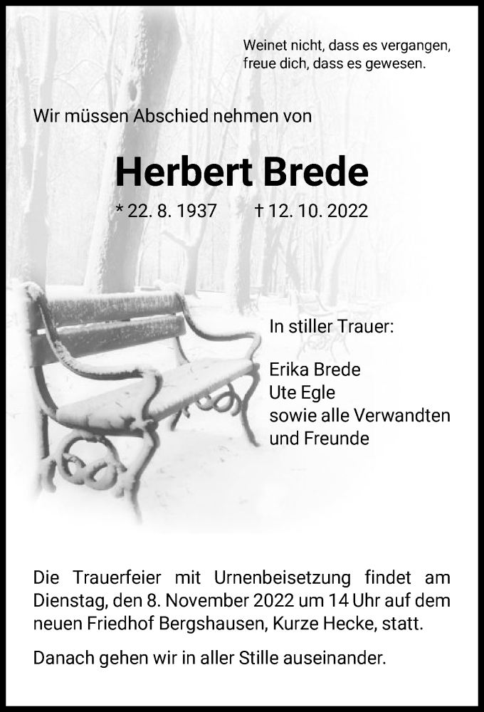 Traueranzeigen von Herbert Brede | Trauer.HNA.de