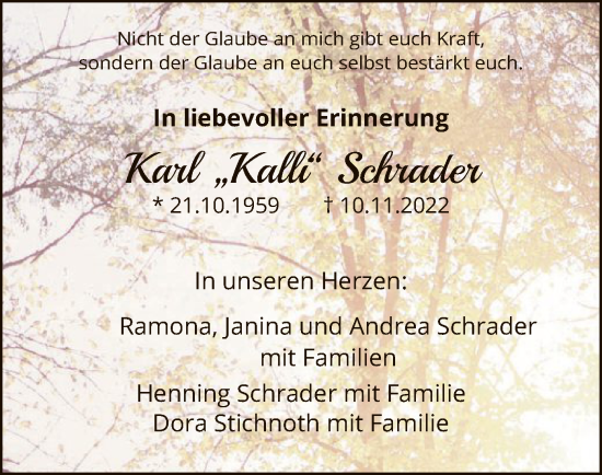 Traueranzeigen von Karl Schrader | Trauer.HNA.de