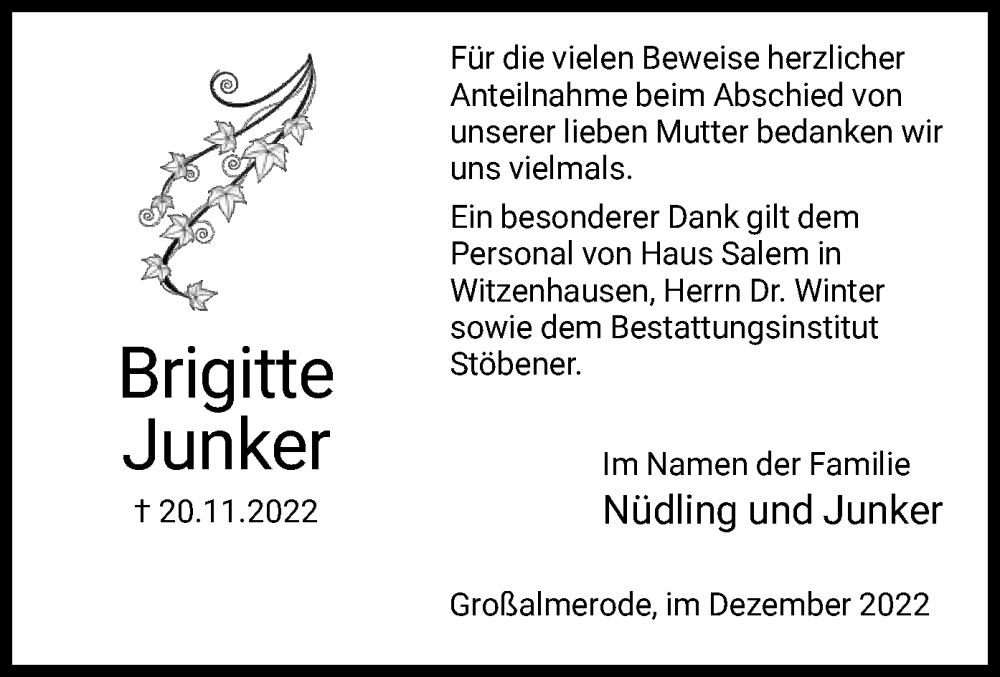Traueranzeigen von Brigitte Junker | Trauer.HNA.de