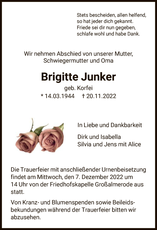 Traueranzeigen von Brigitte Junker | Trauer.HNA.de