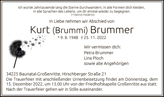 Traueranzeigen von Kurt Brummer | Trauer.HNA.de