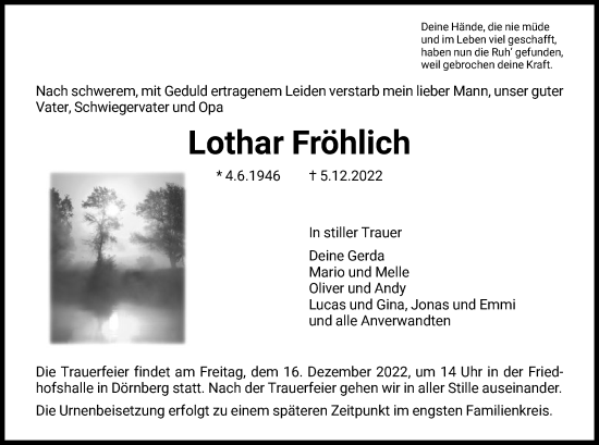 Traueranzeigen von Lothar Fröhlich | Trauer.HNA.de