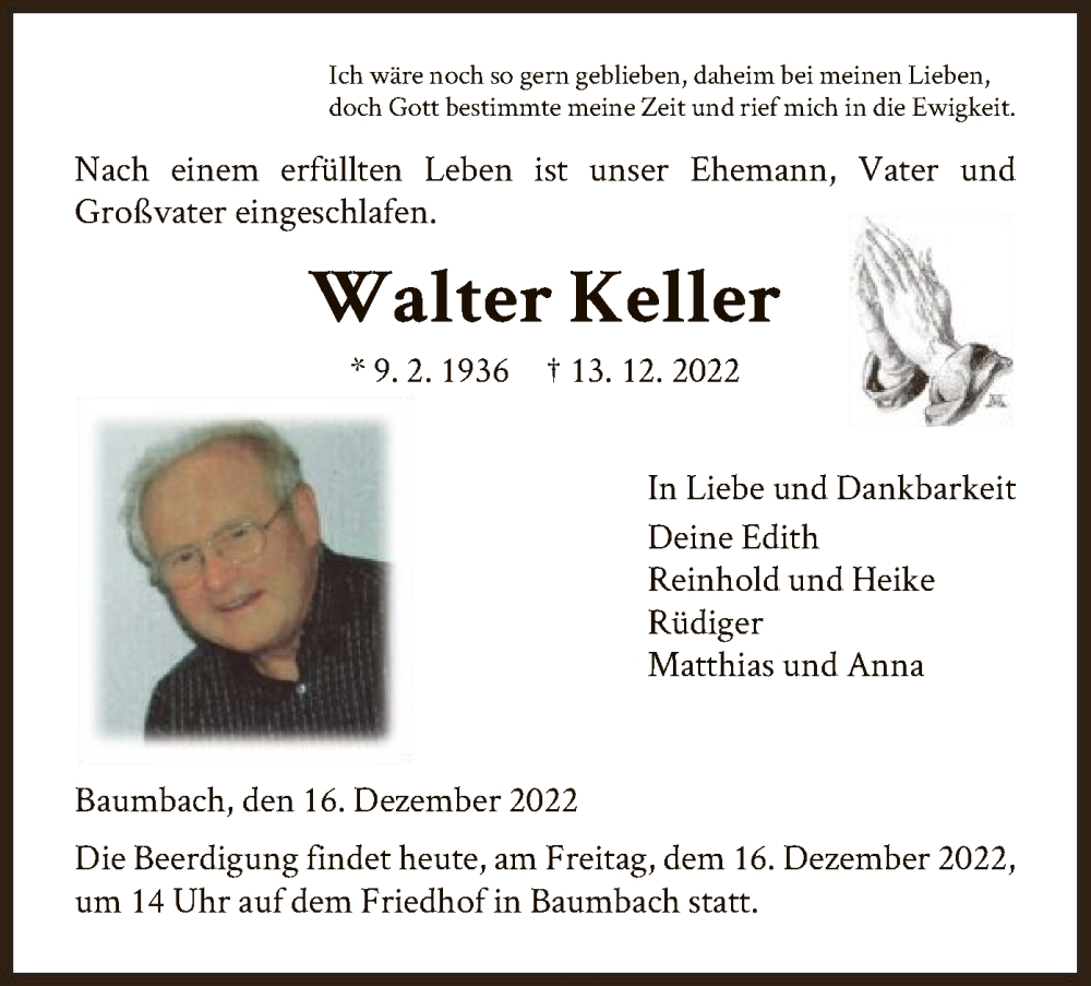Traueranzeigen von Walter Keller | Trauer.HNA.de
