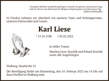 Traueranzeigen von Karl Liese | Trauer.HNA.de