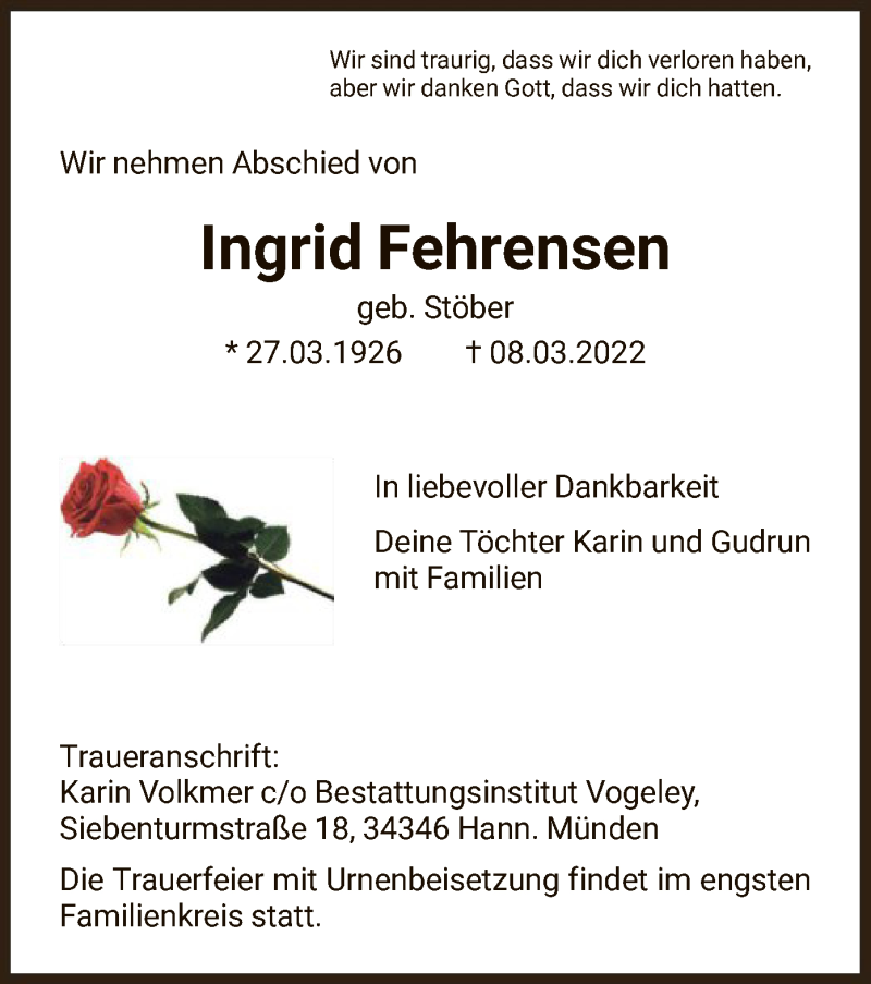 Traueranzeigen von Ingrid Fehrensen | Trauer.HNA.de