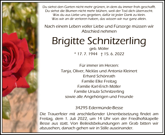 Traueranzeigen von Brigitte Schnitzerling | Trauer.HNA.de