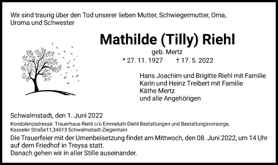 Traueranzeigen von Mathilde Riehl | Trauer.HNA.de