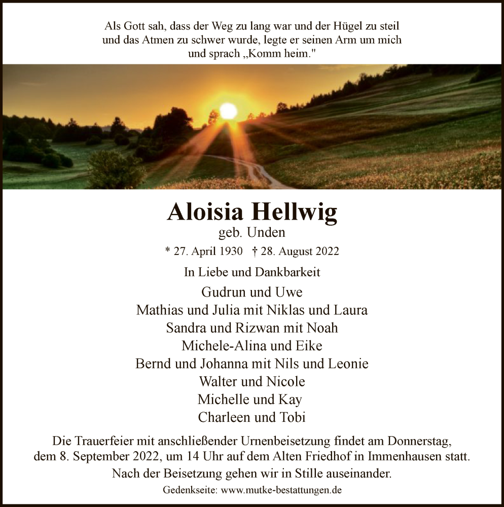 Traueranzeigen von Aloisia Hellwig | Trauer.HNA.de