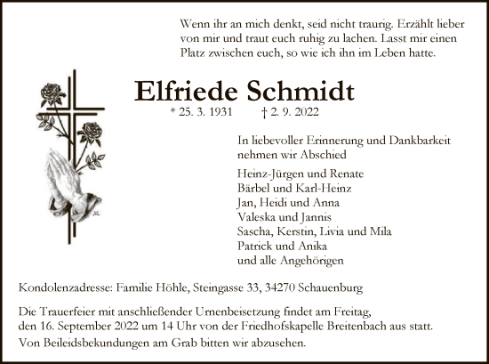 Traueranzeigen von Elfriede Schmidt | Trauer.HNA.de