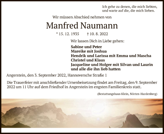 Traueranzeigen von Manfred Naumann | Trauer.HNA.de