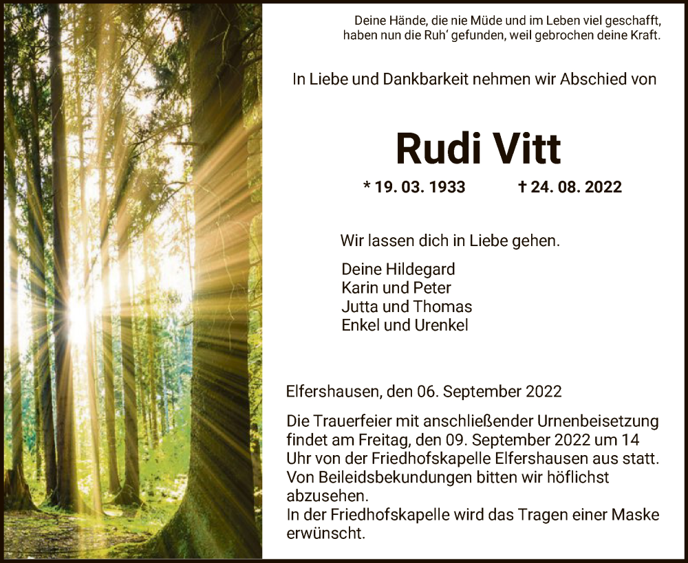 Traueranzeigen von Rudi Vitt | Trauer.HNA.de