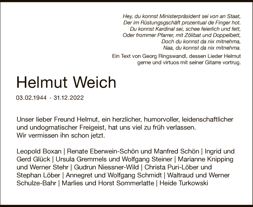 Traueranzeigen von Helmut Weich | Trauer.HNA.de