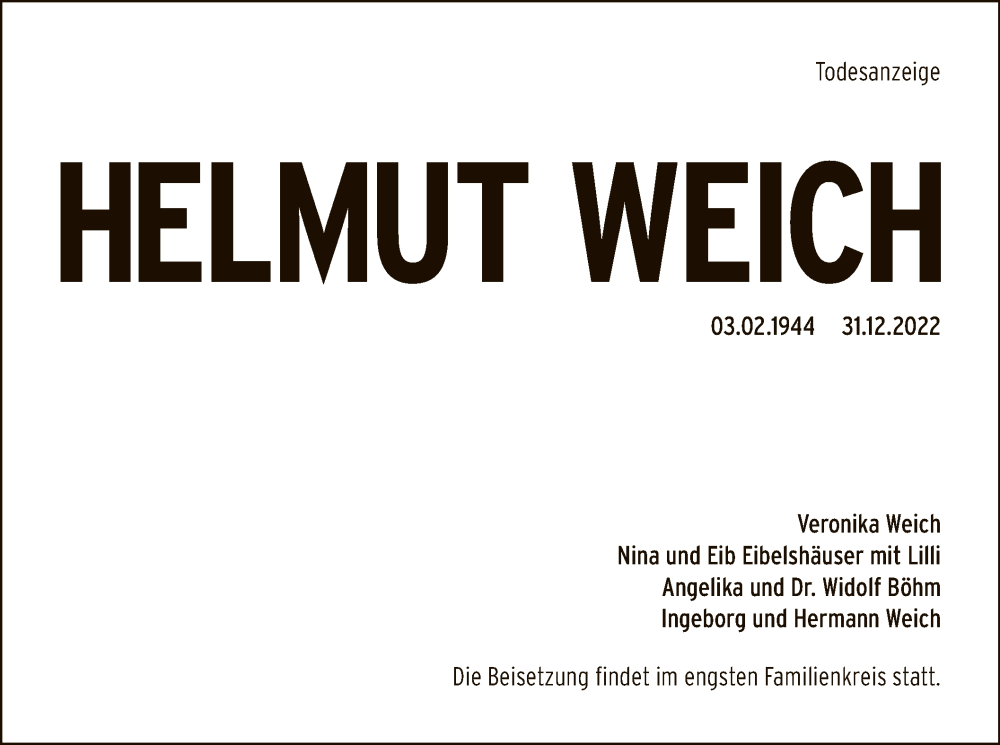 Traueranzeigen von Helmut Weich | Trauer.HNA.de