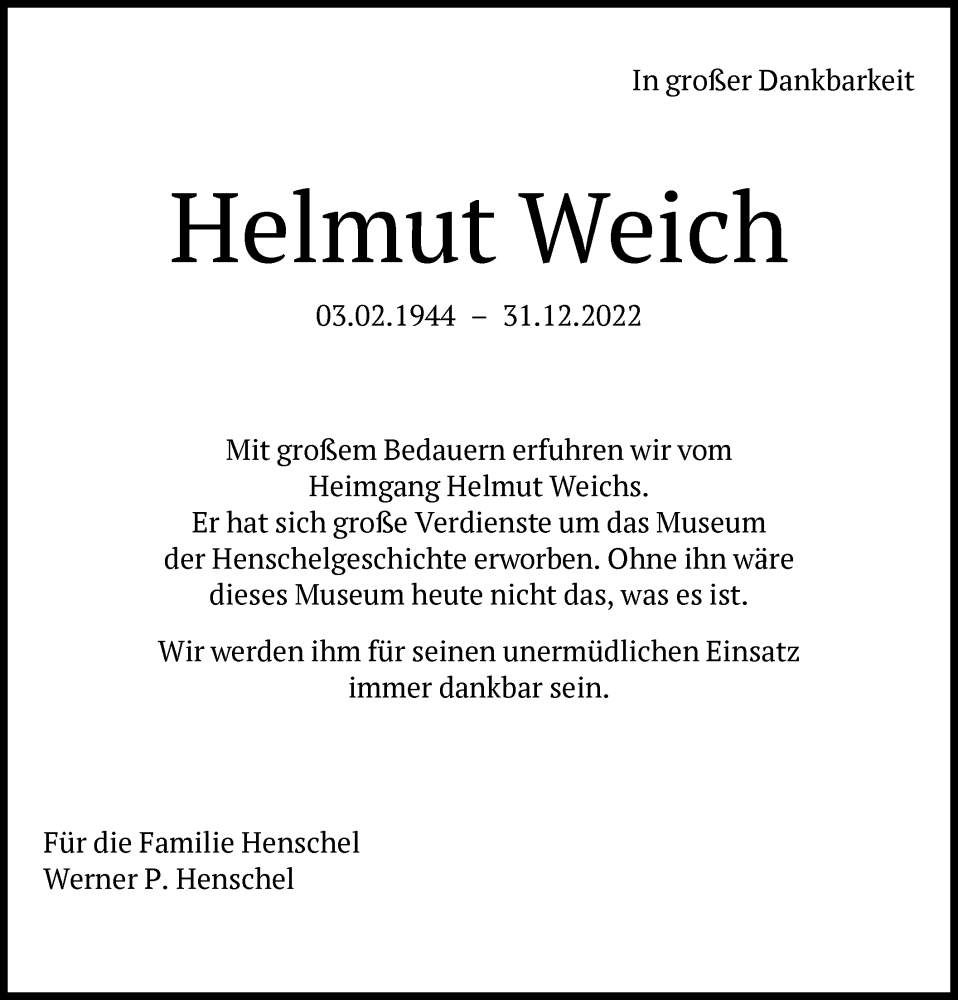 Traueranzeigen von Helmut Weich | Trauer.HNA.de