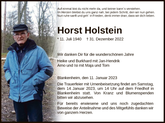 Traueranzeigen von Horst Holstein | Trauer.HNA.de