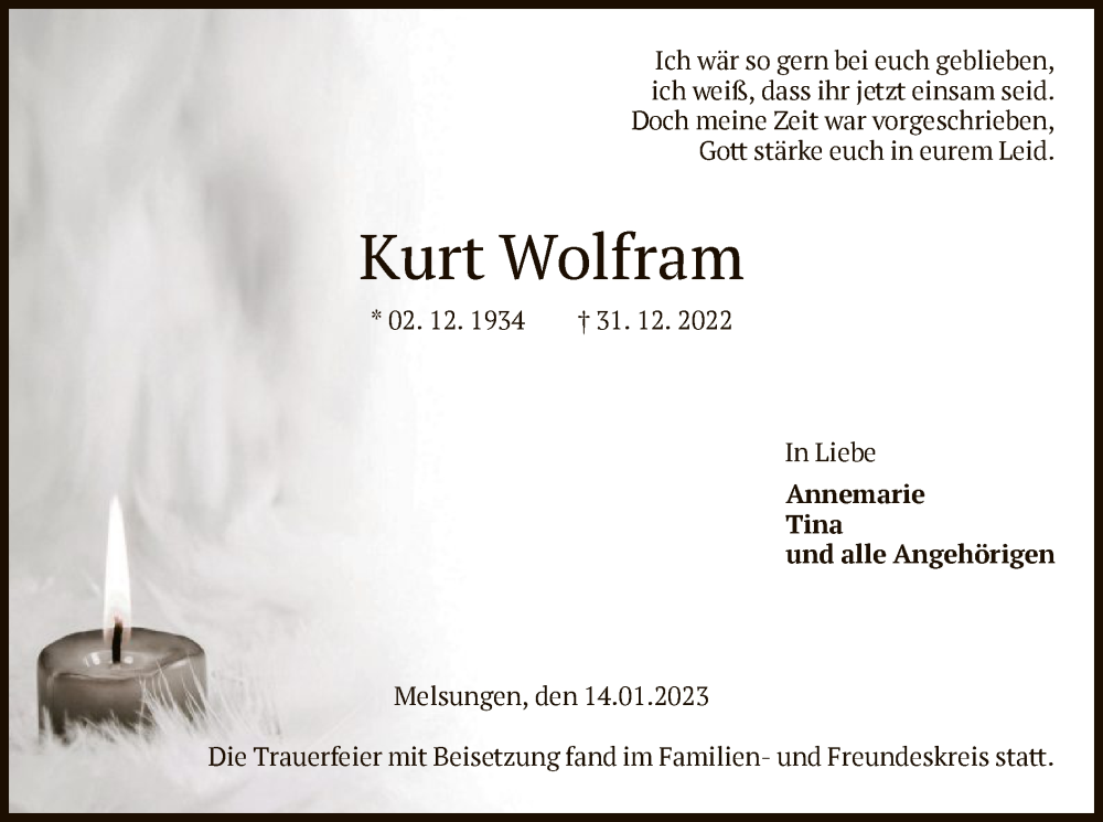Traueranzeigen von Kurt Wolfram | Trauer.HNA.de